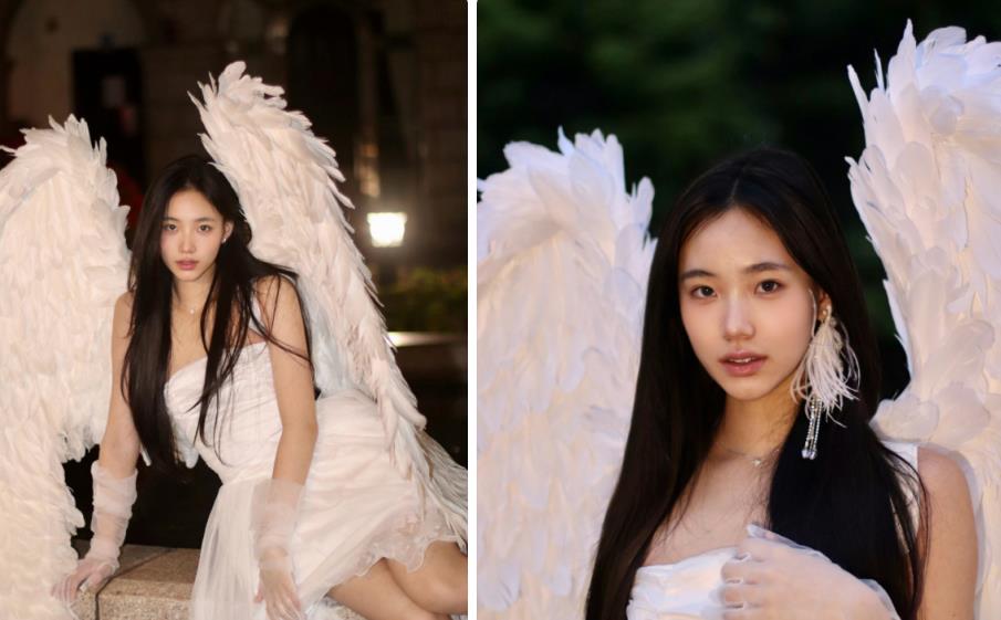 16-year-old Xu Shaoen cosplays as an angel! Wearing a white skirt and carrying a pair of wings ...