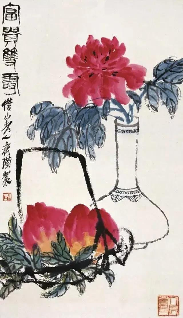 Qi Baishi flower and bird painting longevity peach peony - iNEWS