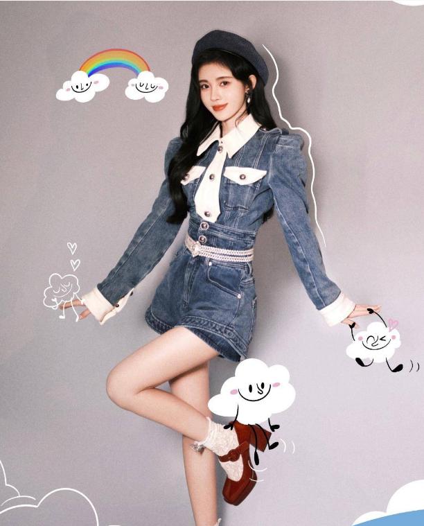 "Peeling onion" denim shorts with skinny jeans, Ju Jingyi transformed ...