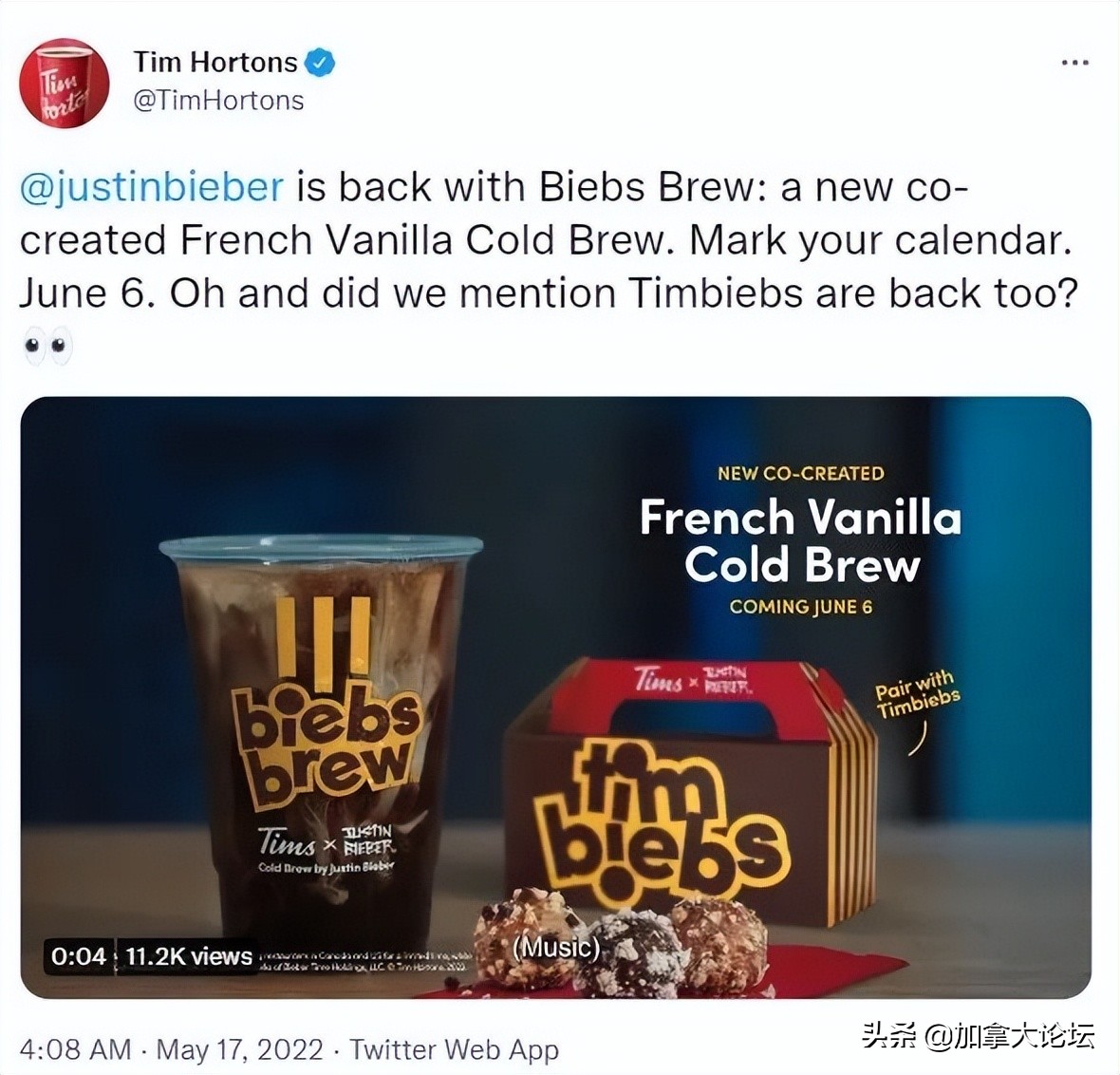 Expect fire!Canadian Tim Hortons and Bieber join forces again: launch ...