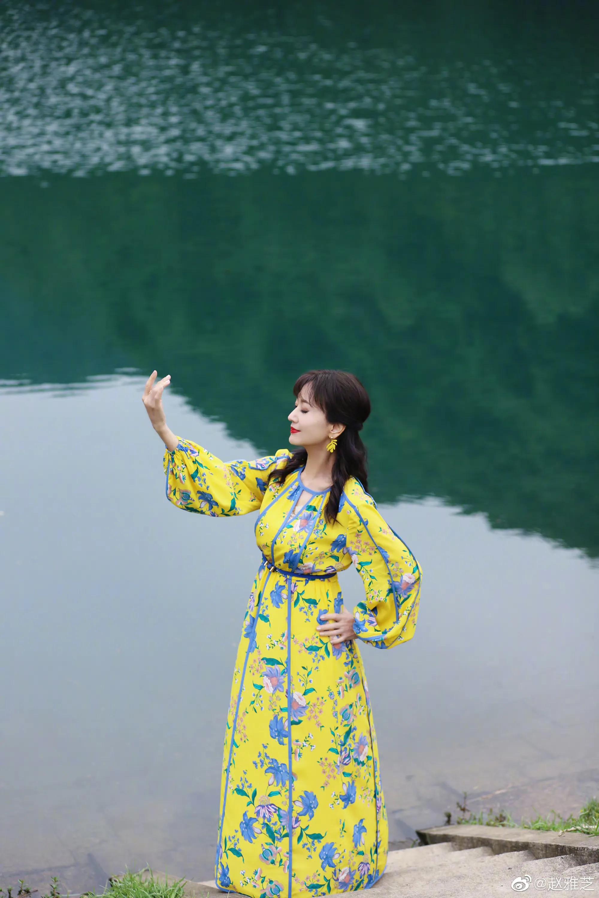 Zhao Yazhi wears a yellow printed dress with elegant and charming ...