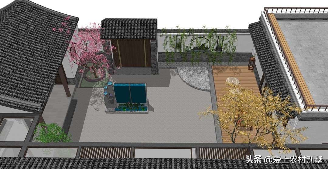 A drawing of a villa with a courtyard on the first floor, the real ...