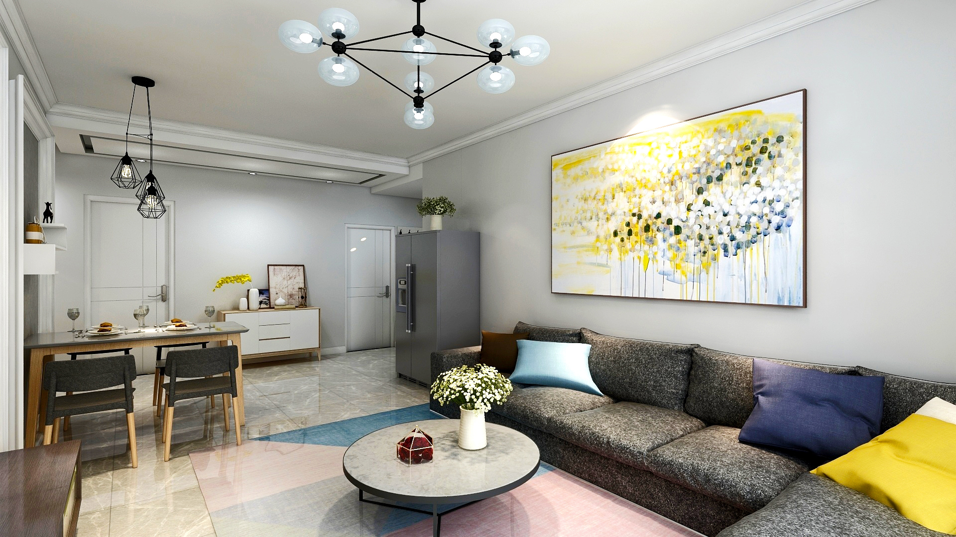 The 129-square-meter living room round table bouquet fills the artistic ...