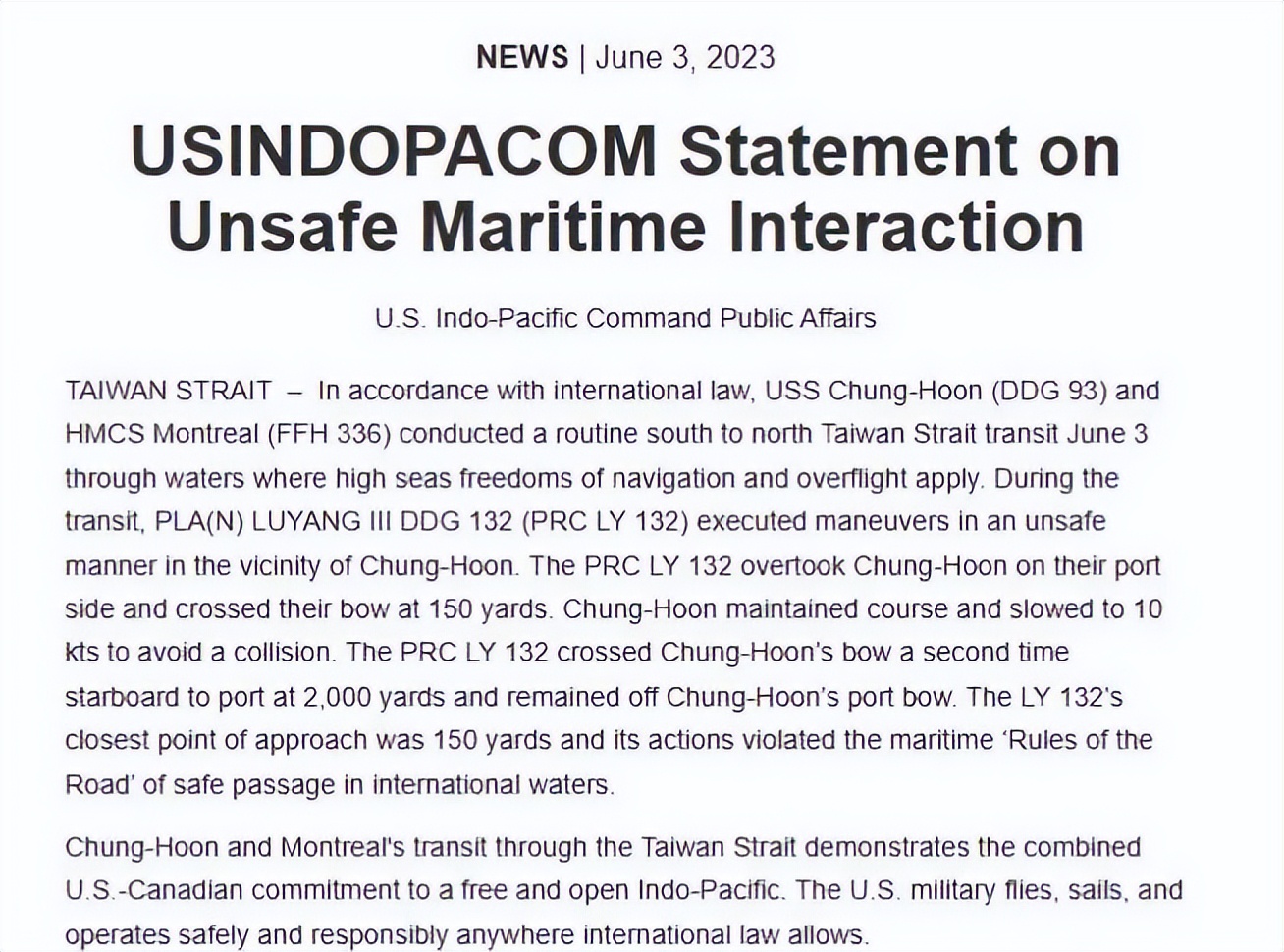 There is still a follow-up to the Strait Incident! The U.S. Indo ...