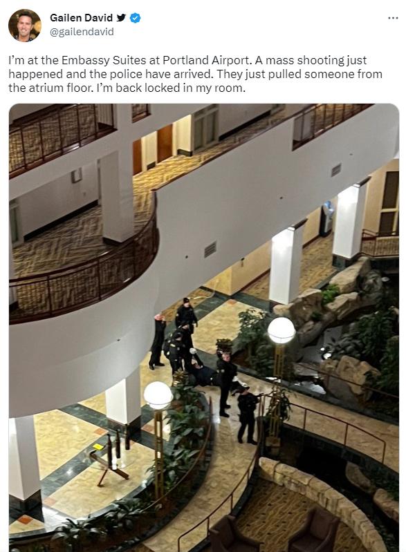 Portland airport hotel shooting, multi-storey strafing, bloody hallway ...